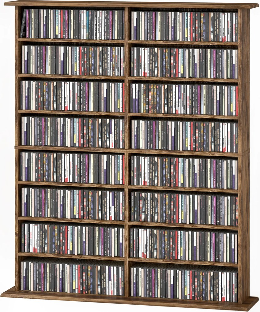 HOMCOM úložný prostor na CD a DVD s 16 přihrádkami a 12 nastavitelnými policemi, maximální kapacita 720 CD/396 DVD a Blu-ray, hnědá