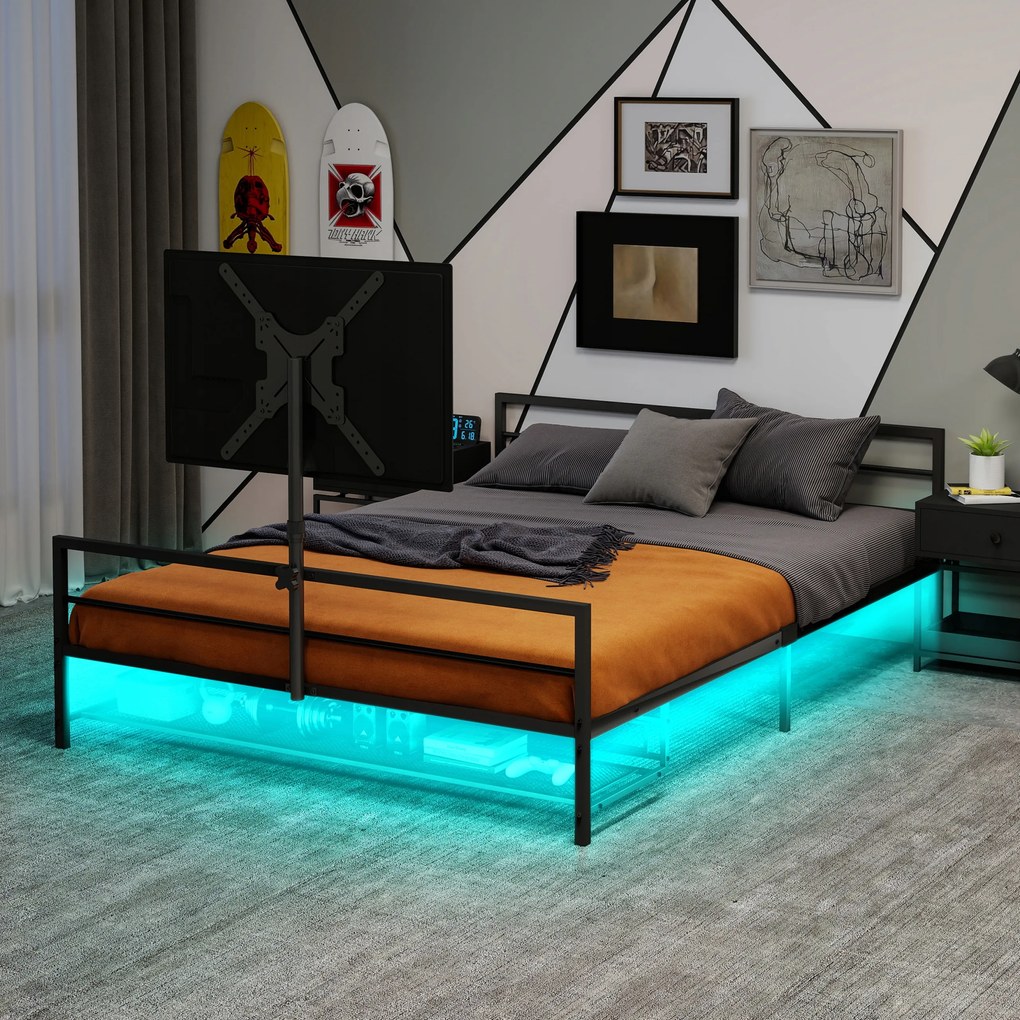 ČERNÁ KOVOVÁ HERNÍ POSTEL 206 CM, LED, NASTAVITELNÁ A KOŠE POD POSTELÍ