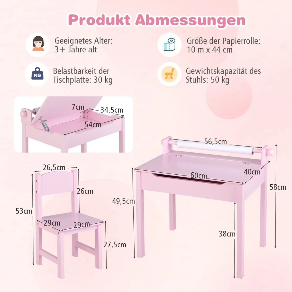 Costway Dětský stůl s židlí Sensory prostírání pro děti růžové, růžový