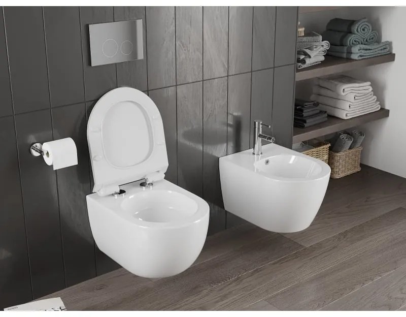 Mexen Carmen, závěsná WC mísa 490x365x340 mm, Rimless Tornádo + WC sedátko z duroplastu, bílá lesklá, 30880100T