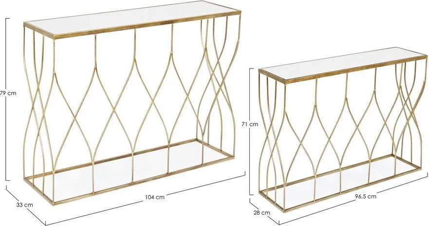Konzolové stolky v sadě 2 ks se skleněnou deskou ve zlaté barvě 33x104 cm Elenor – Bizzotto