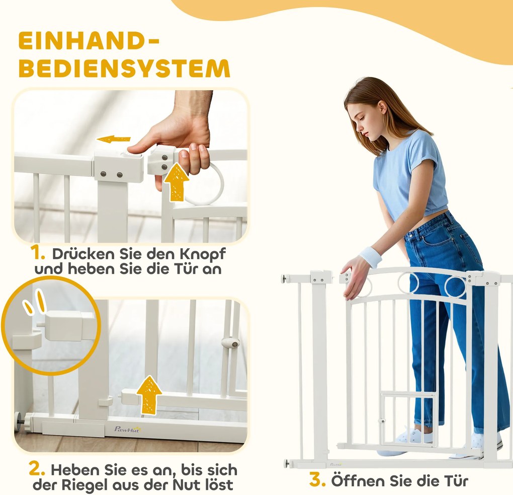 Bezpečnostní branka do dveří PawHut, schodišťová branka 76-104 cm, schodišťová branka bez vrtání, schodišťová branka s dvířky pro kočky, uzamykatelná…