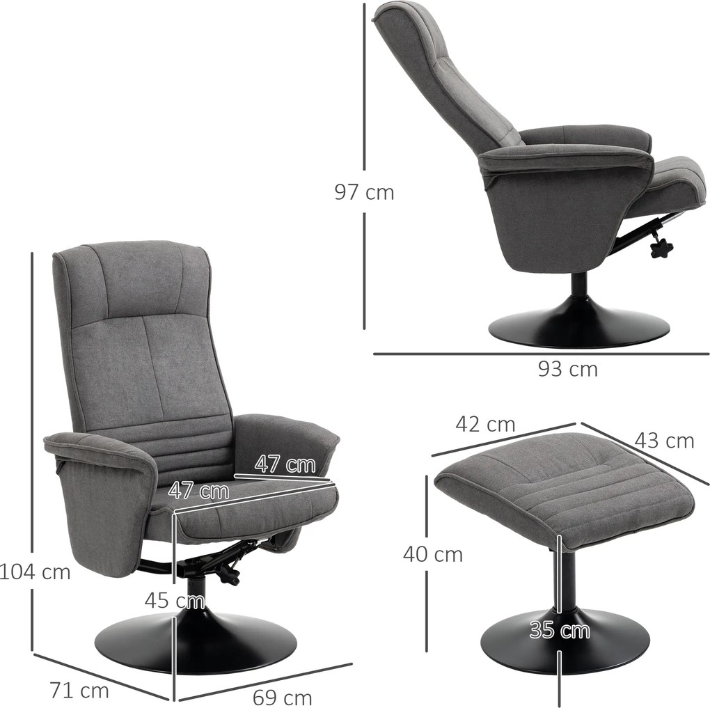HOMCOM polohovací křeslo s podnožkou otočné o 360°, nastavitelné TV křeslo s taburetem, tmavě šedá pěna 69 x 71 x 104 cm | Aosom.de