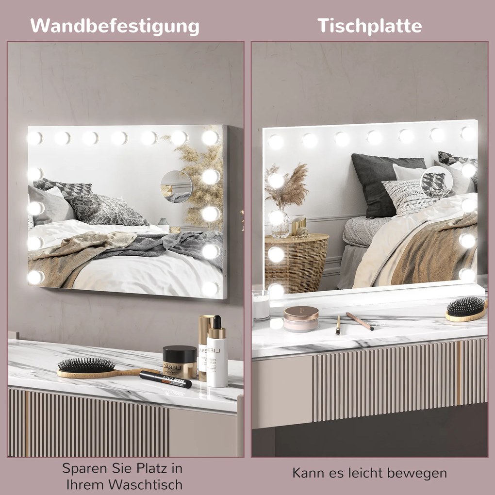 HOMCOM Hollywoodské zrcadlo s osvětlením 58x48cm 15 LED 3 světelné režimy 10x zvětšení přenosný dotykový spínač USB nabíjecí port bílý |