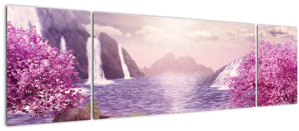 Obraz růžových stromů s jezerem (170x50 cm)