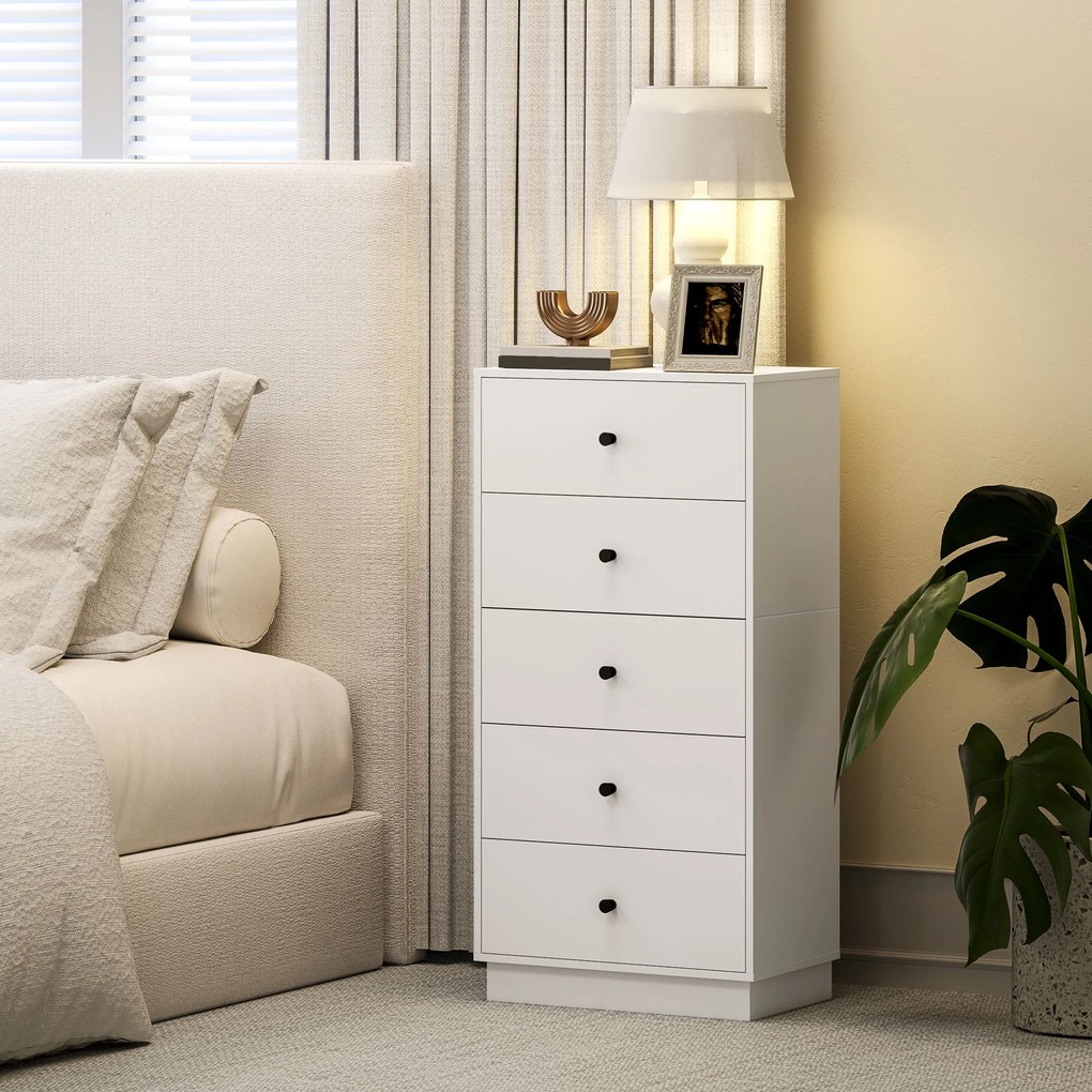 HOMCOM Komoda se 5 zásuvkami, dřevěný úložný kabinet v moderním stylu, 47 x 29 x 95 cm, bílá