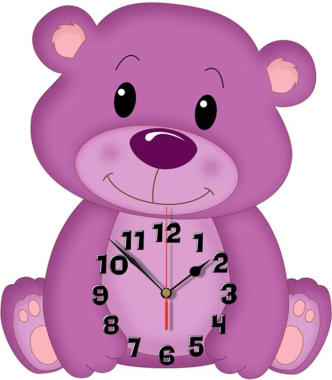 Nástěnné dětské dřevěné hodiny 30x33cm Medvídek fialový