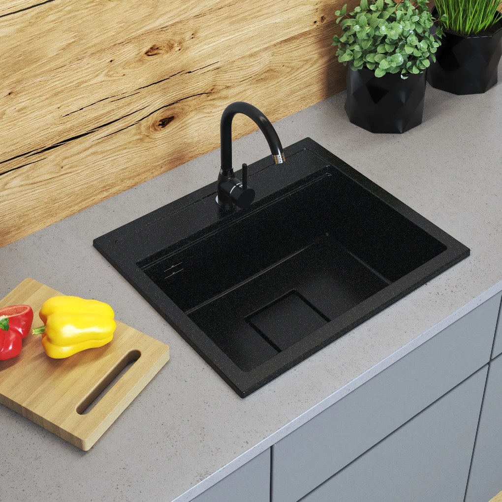 Gamma Quadro 5850, 1-komorový granitový dřez 580x495x220 mm, černá-zlatá, GMA-ZLE000232