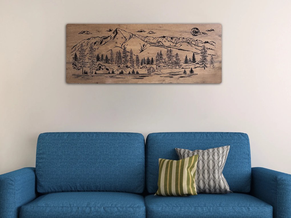 Li-Go "Chata v horách" světelný obraz s baterií 130x50cm varianta: ovládání na obraze bez dálkového ovladače, provedení: dub světlý