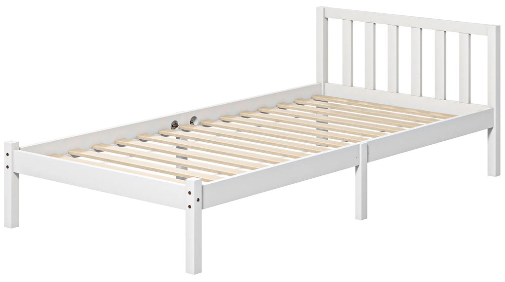 Dřevěný rám postele HOMCOM 208 x 96 cm s lamelovým roštem a čelem, elegantní rám jednolůžka do ložnice v bílé barvě | Aosom.de
