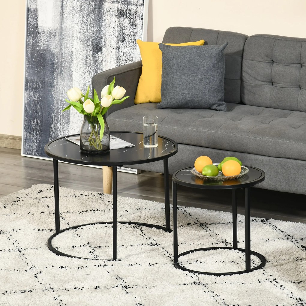 HOMCOM Sada 2 moderních stohovatelných kulatých stolů s deskou z imitace mramoru a ocelovým rámem Ø60x46 cm a Ø40x40 cm černá | Aosom