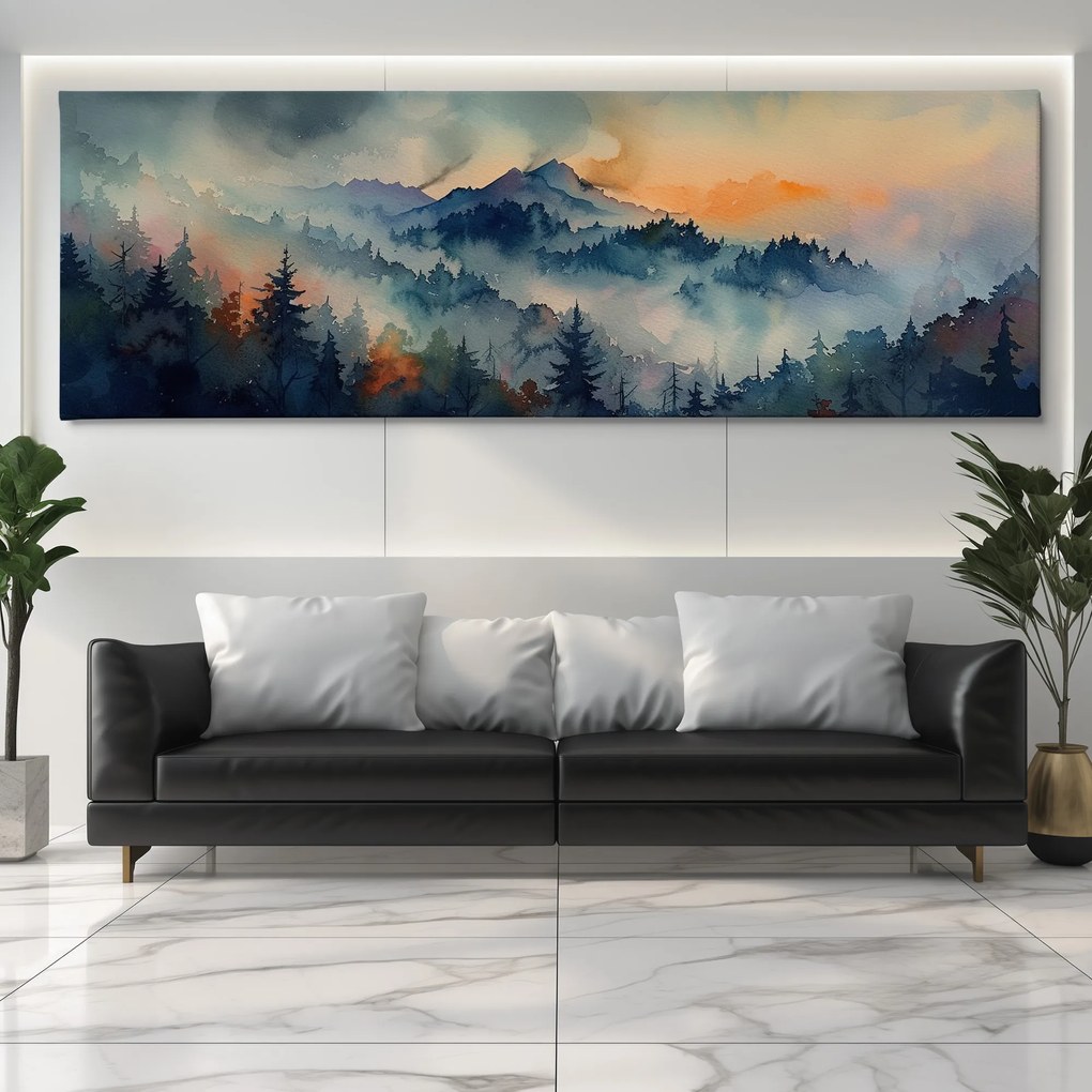 Obraz na plátně - Úsvit v mlžných lesích FeelHappy.cz Velikost obrazu: 240 x 80 cm