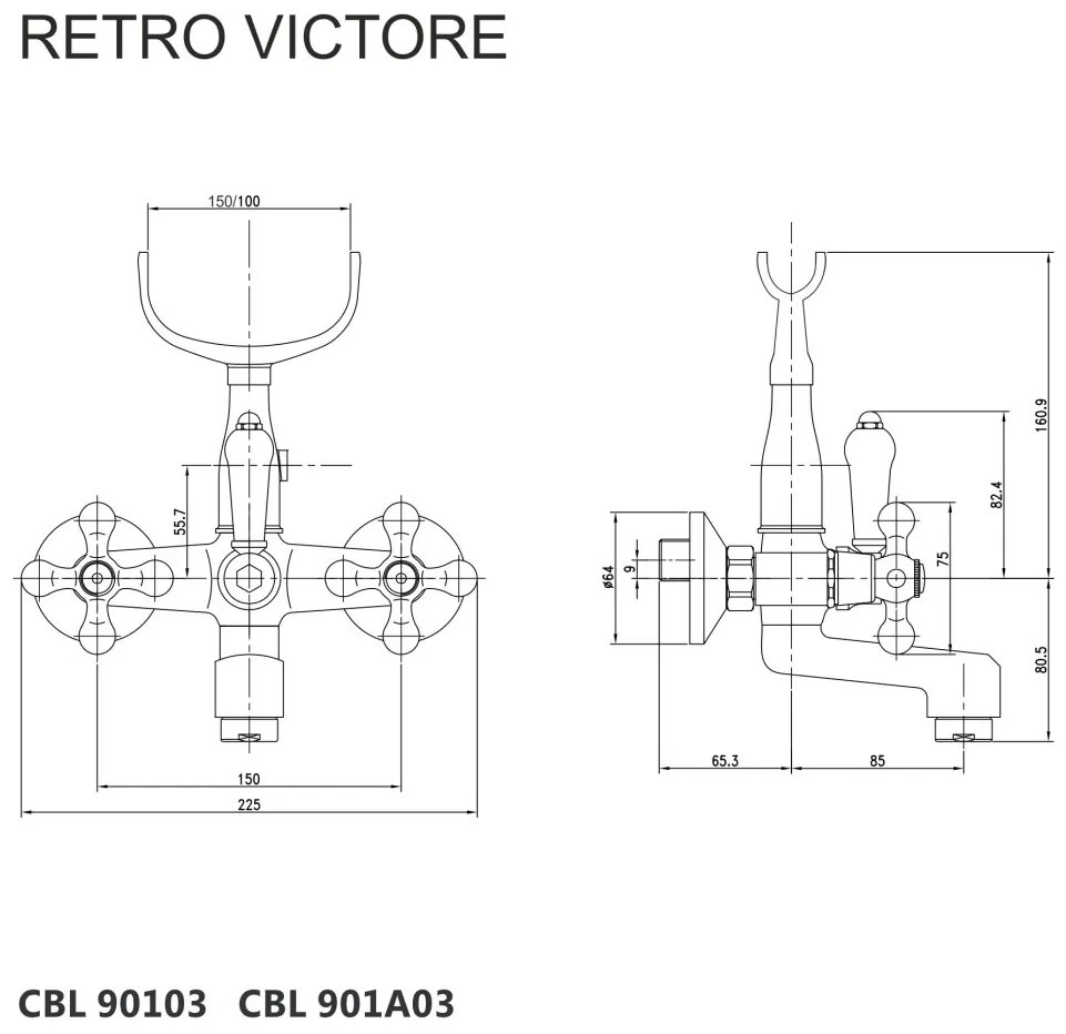Mereo Mereo, Vanová nástěnná baterie, Retro Viktorie, 150 mm, bez příslušenství, chrom, CBL90103
