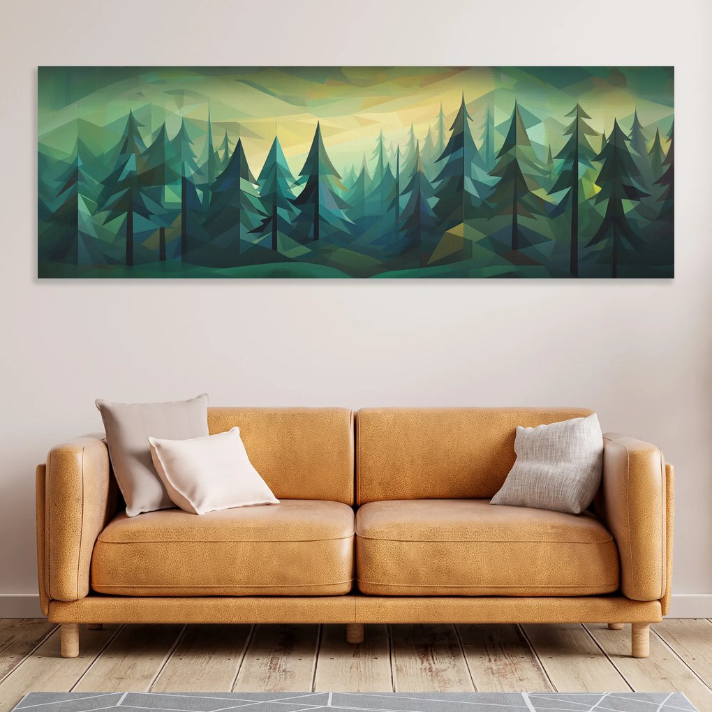 Obraz na plátně - Jehličnatý les za brzkého rána, abstrakce FeelHappy.cz Velikost obrazu: 120 x 40 cm