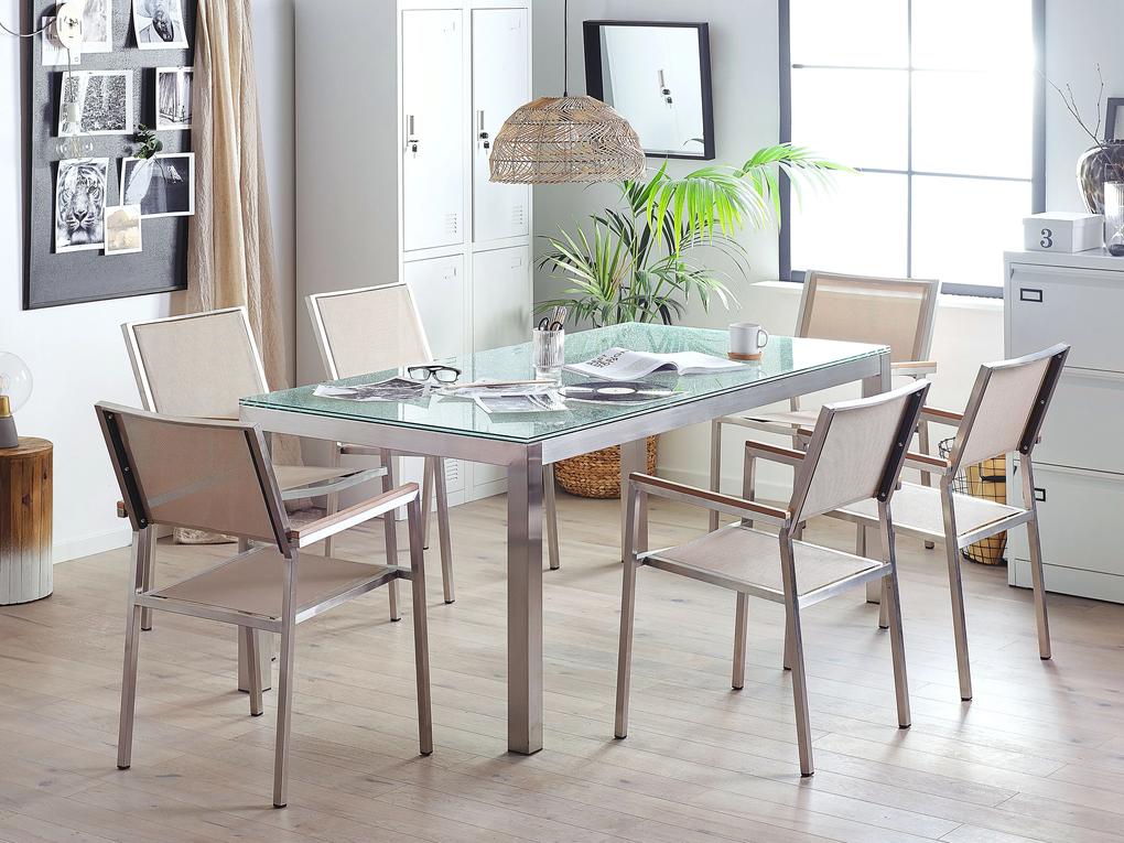 Sada zahradního nábytku stůl s bílou skleněnou deskou 180 x 90 cm 6 béžových židlí GROSSETO Beliani
