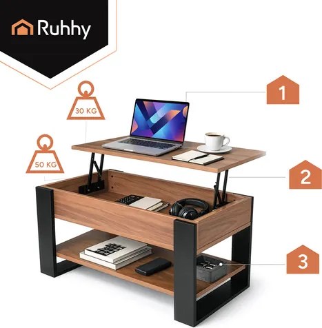 Konferenční stolek Ruhhy 92 x 51 cm se zvedací deskou, úložným prostorem a policí