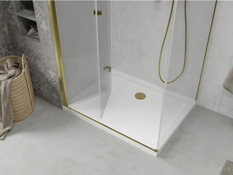 Mexen Lima sprchový kout se skládacími dveřmi 80 x 100 cm, 6mm čiré sklo, zlatý profil + sprchová vanička Slim, 856-080-100-50-00-4010