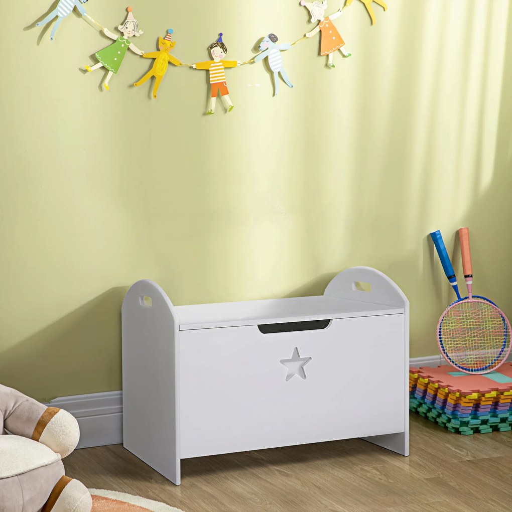 HOMCOM Dětský úložný box na hračky s flipovým víkem a bezpečnostním mechanismem 62x40x46,5 cm Prostorný prostor nosnost 20 kg Bílá