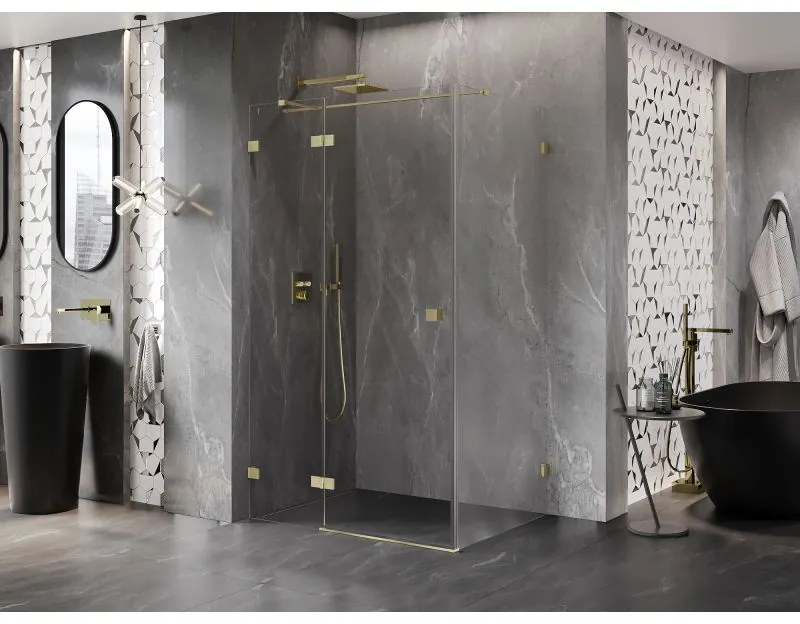 Mexen Lunar T, sklápěcí sprchový kout levý 115 x 110 cm, 8mm čiré sklo, zlatý matný profil, 834T-115-110-55-00-L