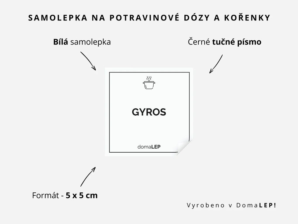 GYROS - omyvatelná samolepka na kořenky, výběr rozměrů Ø 5 cm / 5 x 5 cm / 6 x 8 cm | DomaLEP tvar: KOLEČKO, barva: BÍLÁ - ČERNÉ písmo, velikost: Ø 5 cm - tučné písmo