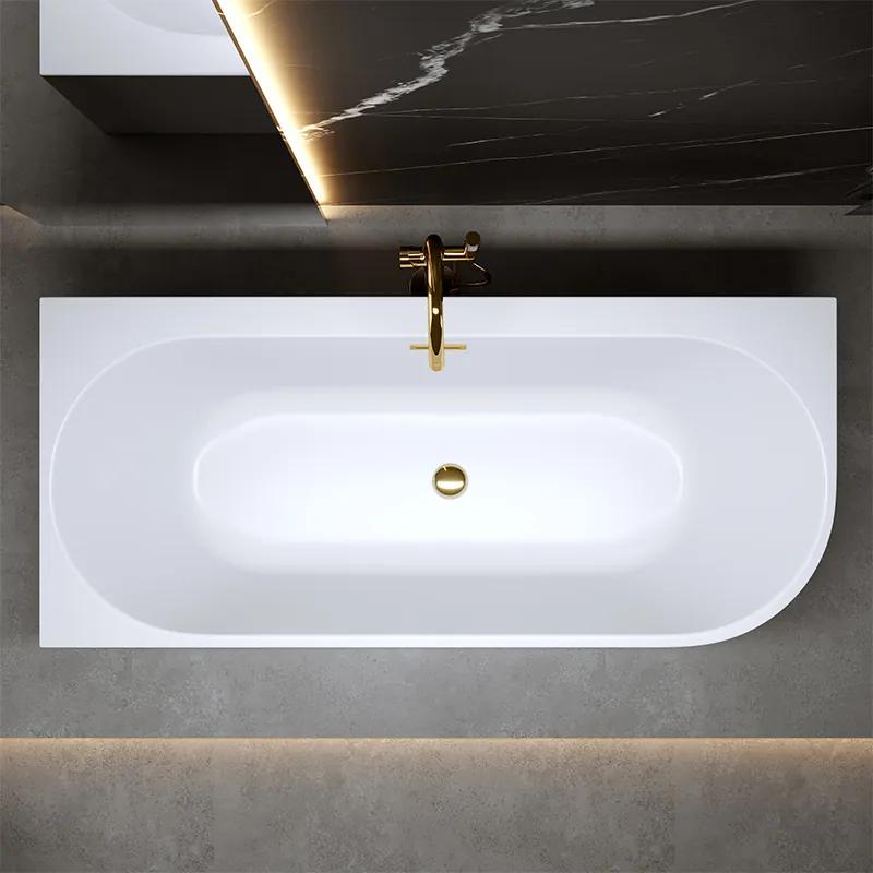 BPS-koupelny Volně stojící rohová akrylátová vana HYD-MER509A levá 140x75 bílá, odtokový komplet zlatý