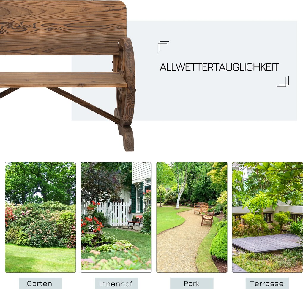 Outsunny Zahradní lavice pro 2 osoby, masivní dřevo, rustikální design kol, nosnost 250 kg, 114 cm, tmavě hnědá