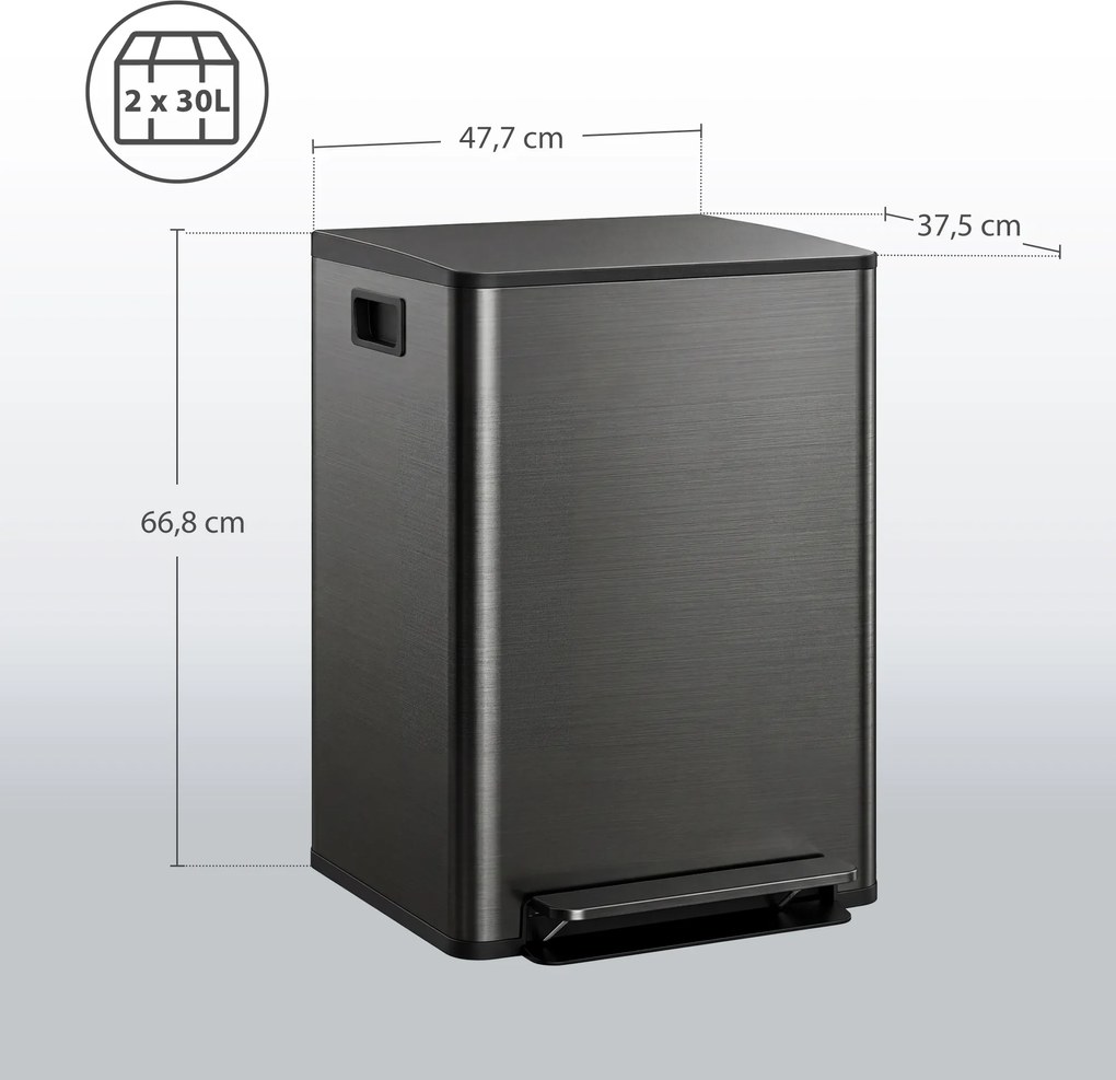 Odpadkový koš s přihrádkami 2x30 l, měkce zavíratelné víko, odolný proti otiskům prstů, nerezová ocel, černý