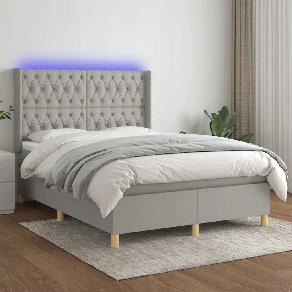 Box Spring Postel S Matrací A Led Textil Světle Šedá Prošívaný design 140