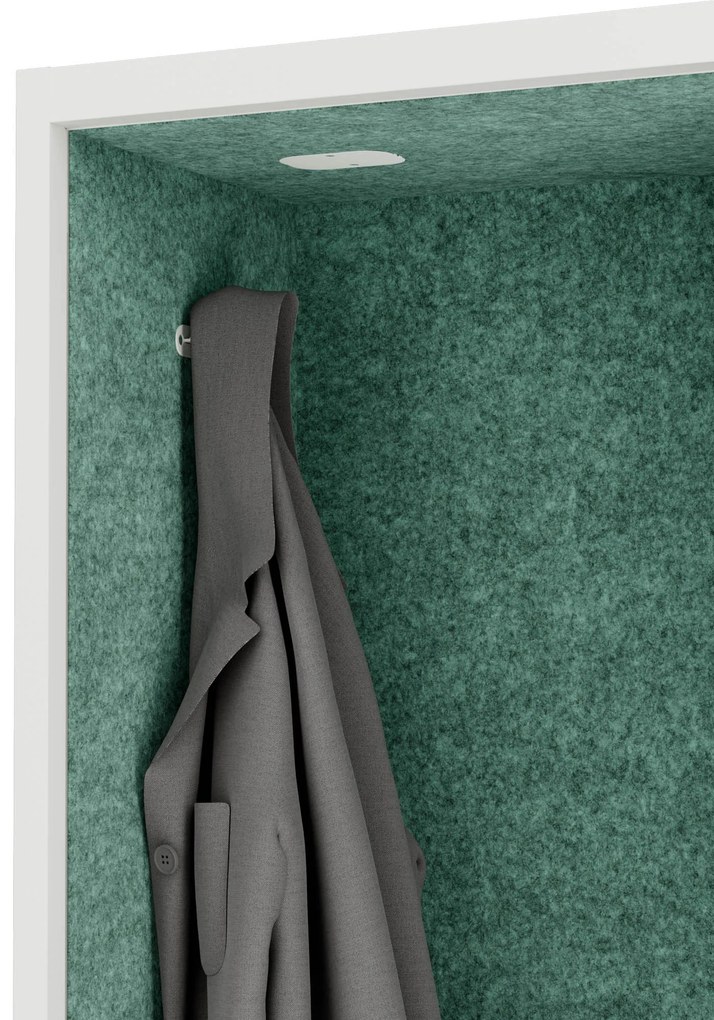 Kancelářská akustická kabina se sedátkem a USB-C portem, korpus bílý / sedák zelený, 1150 mm: SALLY MentalBox