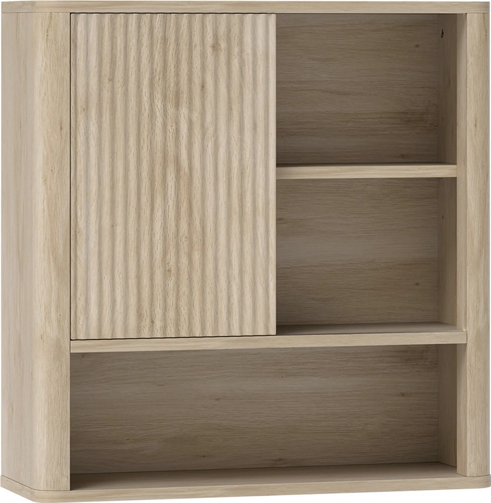 HOMCOM Nástěnná skříňka do koupelny s nastavitelnými policemi, sklápěcími dveřmi a zakřiveným designem 60x20x62 cm Přirodní