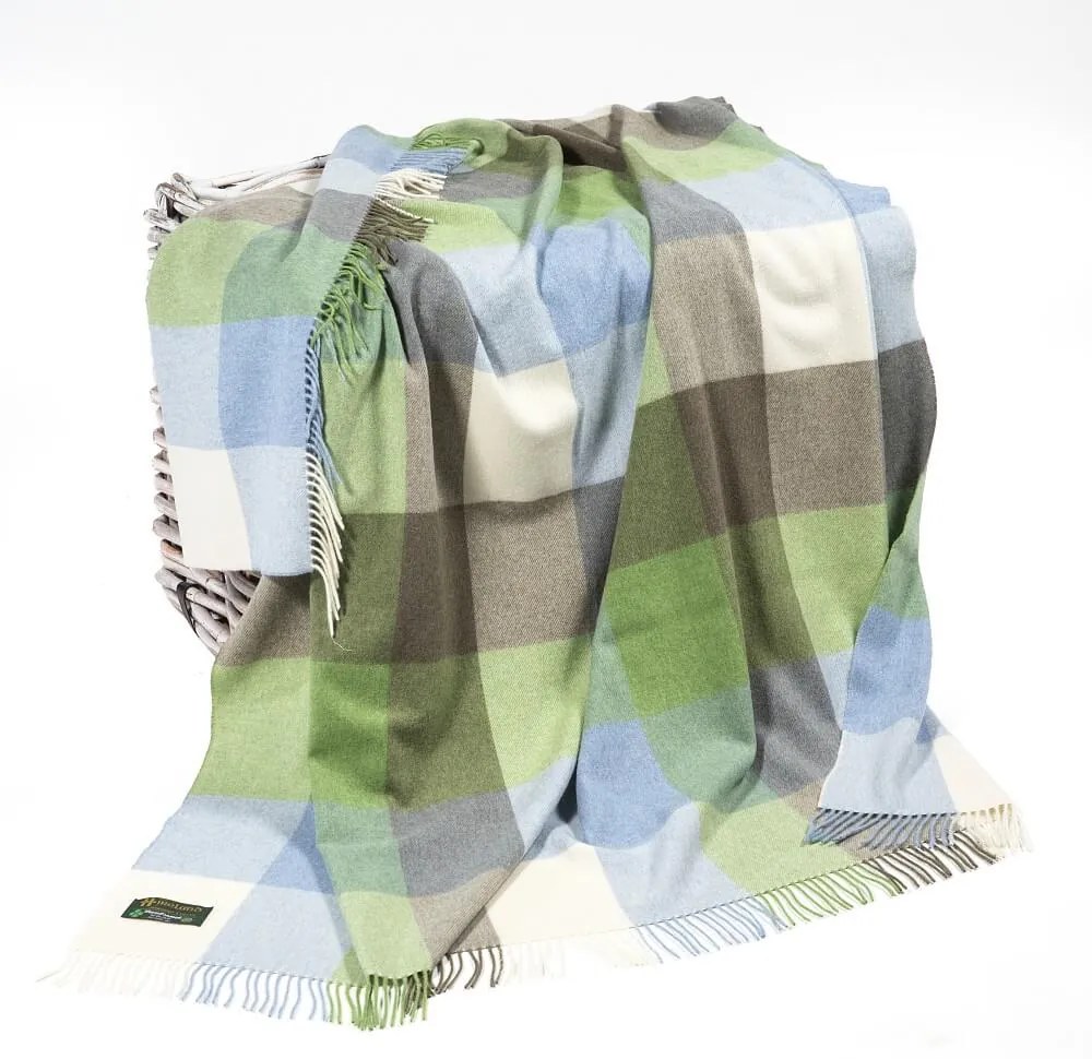 Deka z jehněčí vlny Cream Blue Green Block Check 180 x 137 cm John Hanly