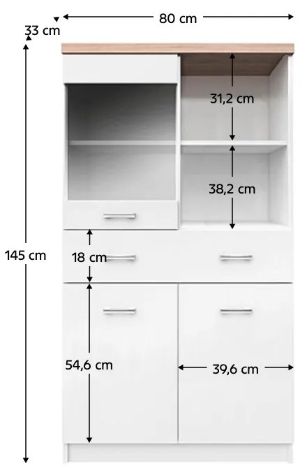Kondela Vitrína 2D1W1S / 80, bílá / dub sonoma, TOPTY TYP 02