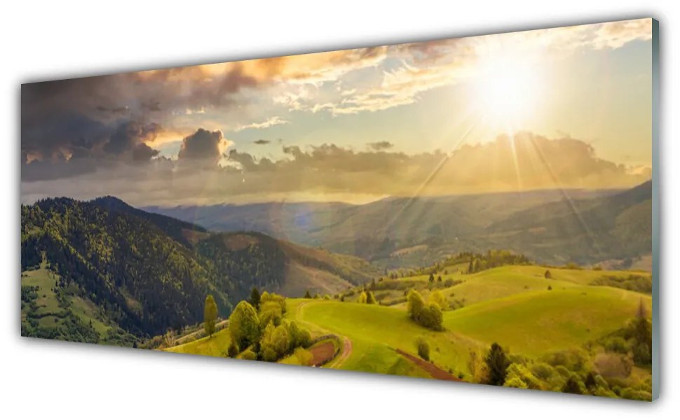 Plexisklo-obraz Hory Louka Západ Slunce 125x50 cm