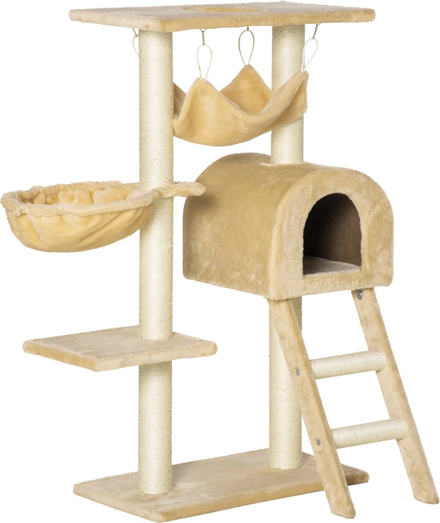 Kočka Škrabací Strom PawHut, Výška 98 cm, Lezení, S Úkrytem, Houpací Síť, Žebřík, Platformy a Přírodní Sisalové Sloupky 54x29,5x98 cm Béžová | Aosom