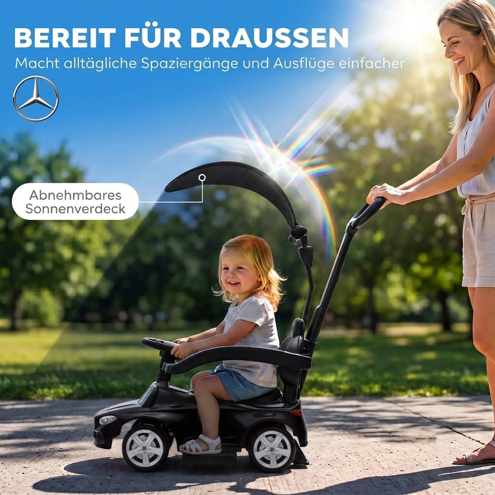 AIYAPLAY 3-v-1 jezdící auto s tlačnou tyčí Mercedes-Benz jezdící vozidlo s volantu, klaksonem, hudbou, střechou, úložným prostorem pod sedadlem, černé