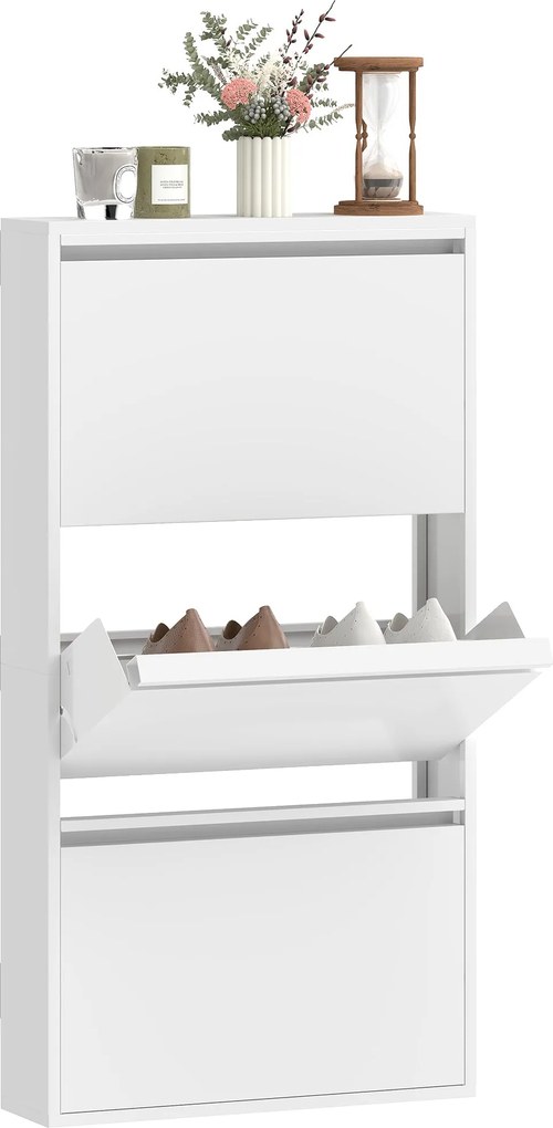 HOMCOM kovová skříňka na boty s 3 výklopnými přihrádkami — úzká nástěnná skříňka na 6 párů, 55 × 15 × 105,5 cm, bílá | Aosom