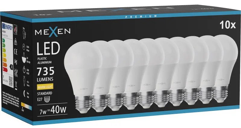 Mexen Nova 10x LED žárovka E27, A60, 7W, Teplá - 3000K, 735 lm - L100-E27-0730-01x10