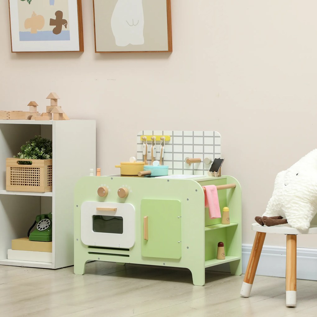 AIYAPLAY Dětská hrací sada do kuchyně, MDF, 15 doplňků, skříňky, 40 cm, od 3 let, zelená