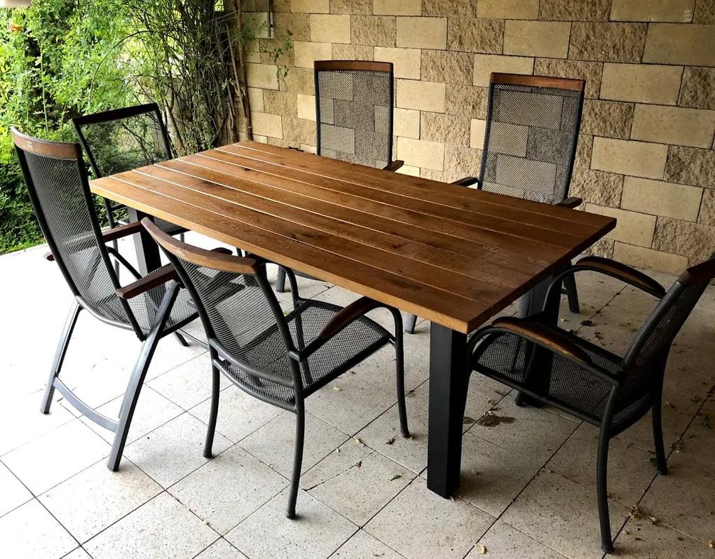 KULHÁNEK Zahradní stůl s kovovými nohami Odstín nátěru: lazura - dub, Velikost desky: 210x90 cm, Odstín podnože: antracit - RAL 7016
