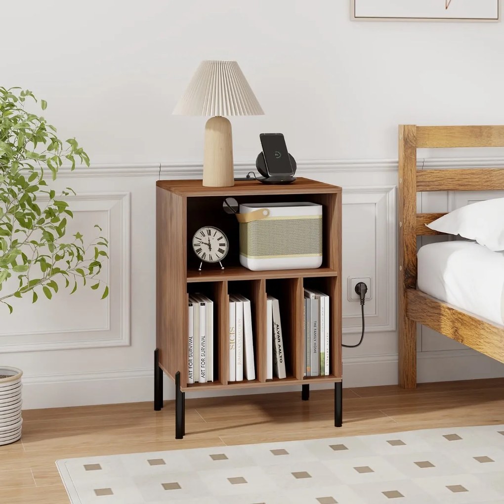 Costway Stolek na gramofon s nabíjením a přihrádkami, hnědý