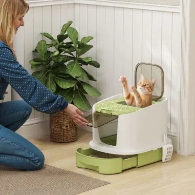 PawHut uzavřený kočičí záchod se 2 dveřmi, vyjímatelným podnosem, lopatkou a deodorantem, z PP, 40,5 x 52,5 x 42,5 cm, zelená