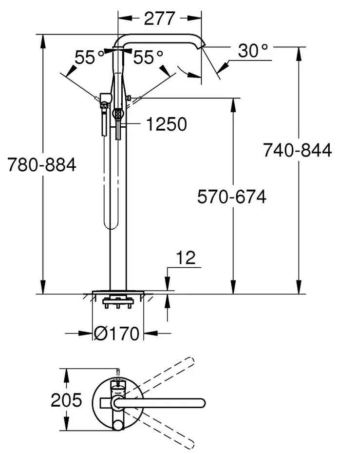 Grohe Essence - Páková vanová baterie, DN 15, montáž do podlahy, Hard Graphite 23491A01