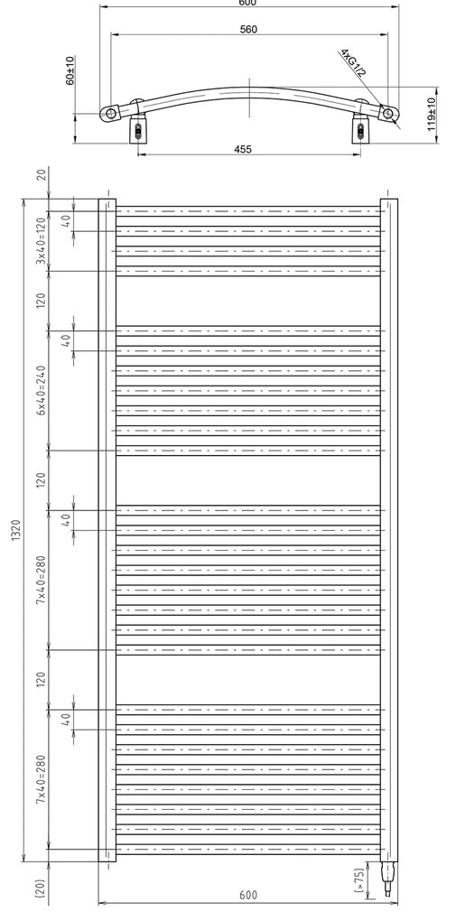 Aqualine, ORBIT-E elektrické topné těleso, oblé, 600x1320 mm, 600W, bílá, ILEO36T