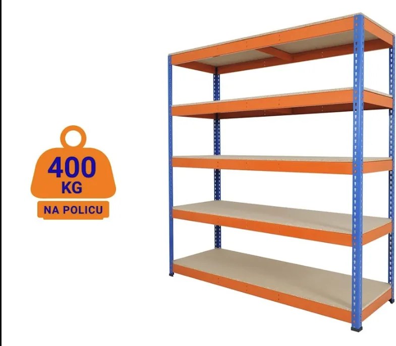 Fistar Regál 312x180x50 cm PROFESIONÁLNÍ lakovaný 5-policový, nosnost 2000 kg - MODRO-ORANŽOVÝ