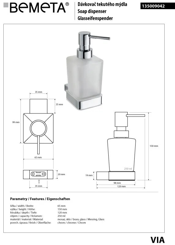 Bemeta Design VIA: Dávkovač mýdla, 250 ml -