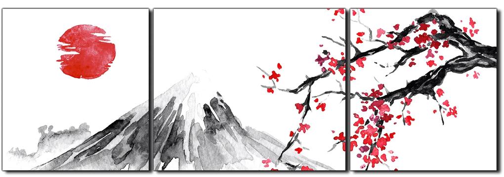 Obraz na plátně - Tradiční sumi-e obraz: sakura, slunce a hory - panoráma 5271C (150x50 cm)