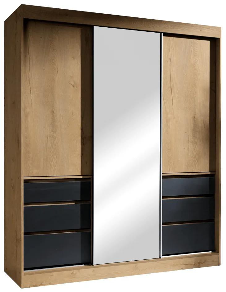 Skříň s posuvnými dveřmi ROMUALDA 180 cm, dub lefkas a černá