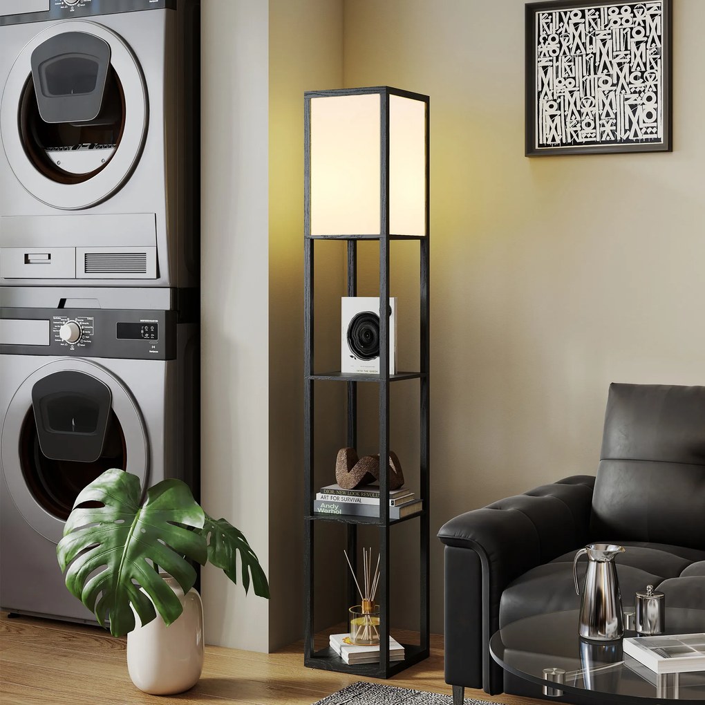 HOMCOM Stojací lampa se 3 policemi, stojací lampa s objímkou E27, 26 x 160 cm, pro obývací pokoj/ložnici (bez žárovky)