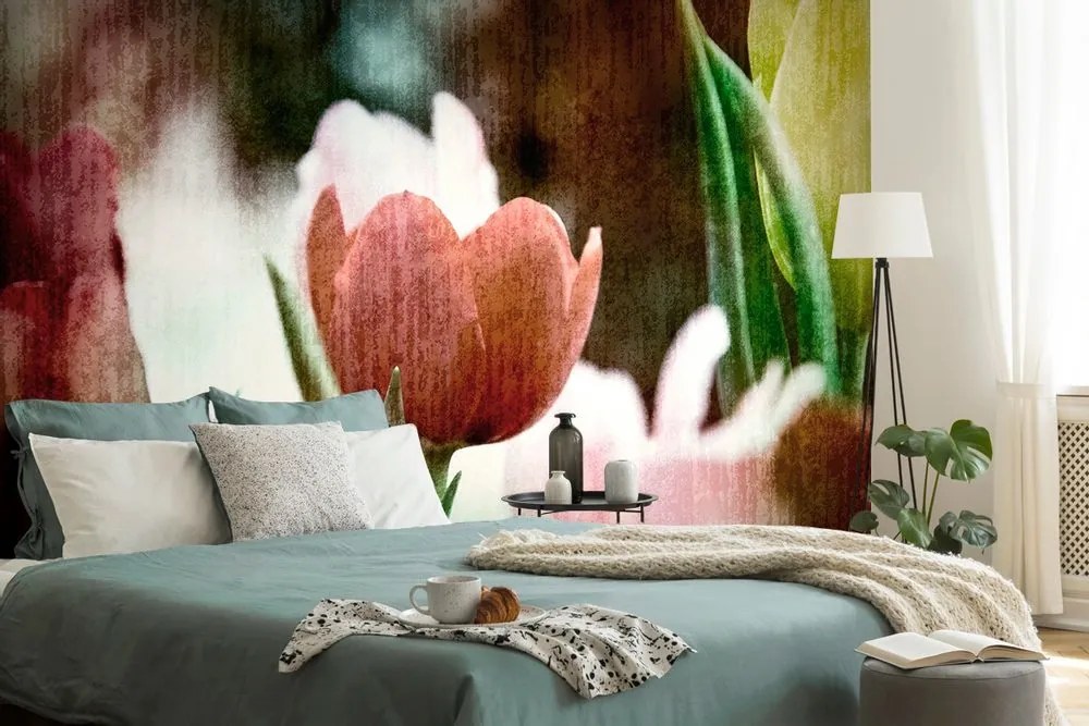 Tapeta tulipány v retro stylu - 225x150 cm
