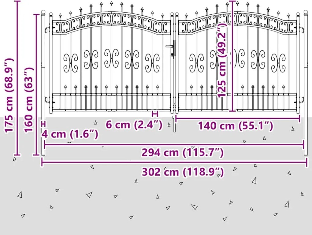 Plotová branka KAMPEN s kopím nahoře černá 302 x 125 cm ocel 151096